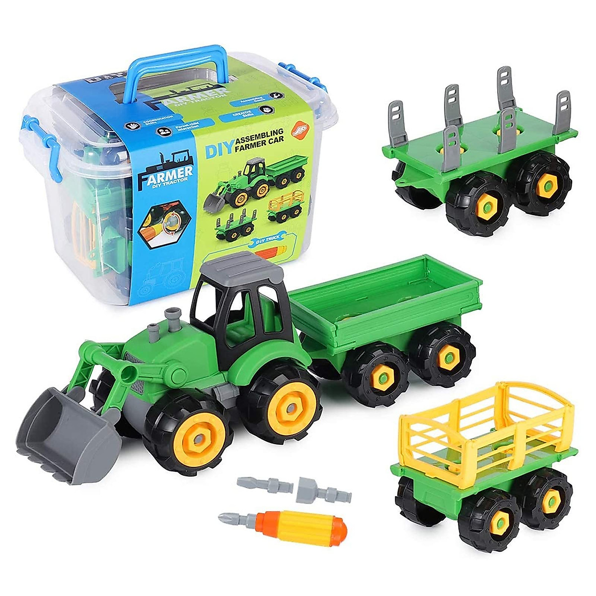 MINGPINHUIUS Farm Toys Truck Tractor with Trailer, Farm Car Set Take Apart Toys Farmer Vehicle Toy Set with Carry Case, Building Toy Birthday Gift for Kids Boys Girls