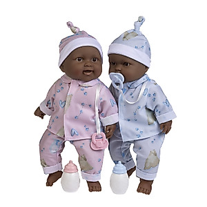 JC Toys Twins 13" Realistic Soft Body Baby Dolls Berenguer Boutique | Twins Gift Set with Removable Outfits and Accessories | Pink and Blue | African American | Ages 2+