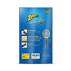 ZAP iT! Electric Fly Swatter Racket & Mosquito Zapper with Blue Light Attractant - High Duty 4,000 Volt Electric Bug Zapper Racket - Fly Killer USB Rechargeable Fly Zapper Indoor Safe - 2 Pack, Yellow