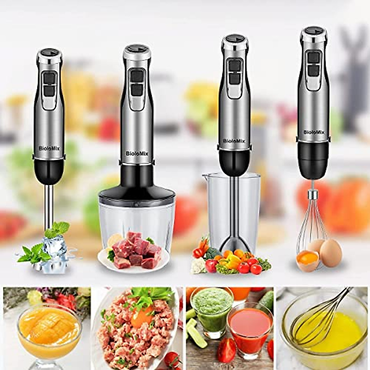 Stainless Steel Hand Blender, 800 Watt Immersion Blender Set, 6 Speeds, 500ml Measuring Cup and 600ml Jug, Whisk