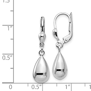 Polished Fancy Teardrop Dangle Leverback Earrings in Real 14k White Gold 8 mm x 30 mm