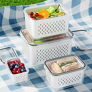 Extra Large 7 Pack Fruit Containers for Fridge,Stackable Refrigerator Organizer Bins with Removable Colander,Dishwasher & Microwave Safe Produce Containers Keep Fruits, Vegetables, Meat Fresh longer