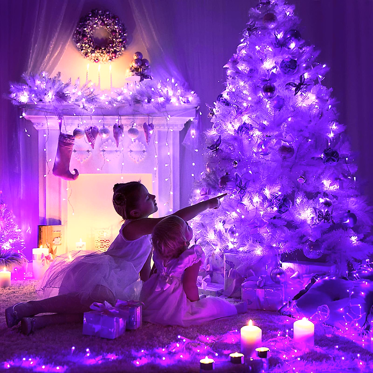 JMEXSUSS 4 Pack Purple Solar Christmas Lights, 100 LED 33ft Purple Solar Fairy Lights, 8 Modes Copper Wire Solar String Lights Outdoor Waterproof for Halloween Christmas Garden Yard Tree Decor