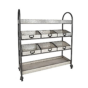 Creative Co-Op Metal 4 Tier Cart on Casters with 2 Open Shelves & 6 Bins,Grey