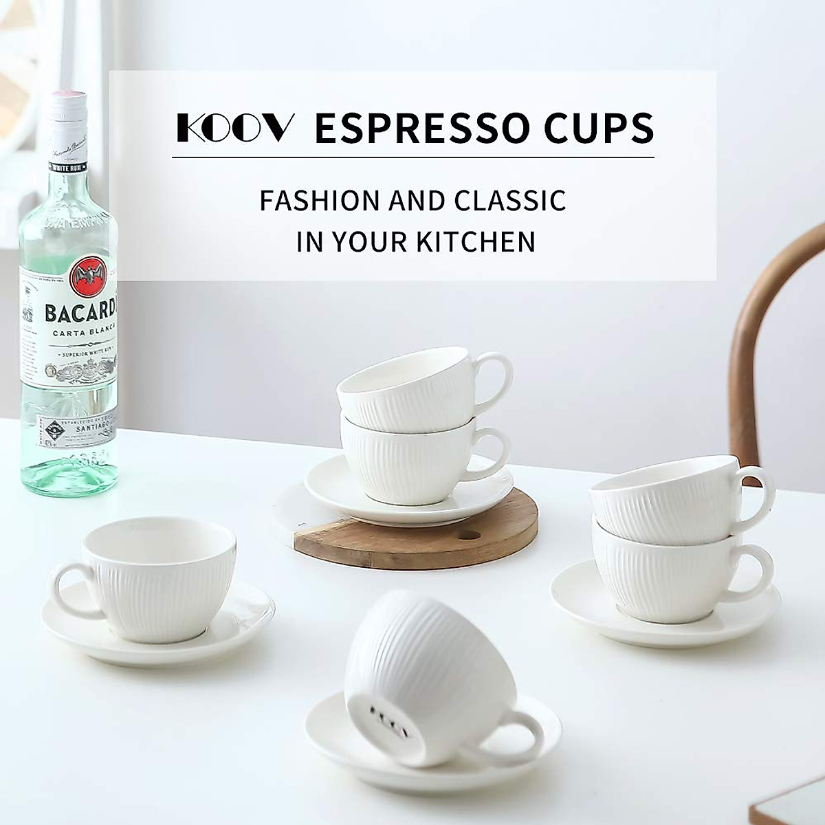 KOOV Latte Cup and Saucer Set of 6, 10 oz Porcelain Cappuccino Cups, Latte Art Cup and Saucer, For Latte, Cafe Mocha, Coffee Shop and Barista (White)