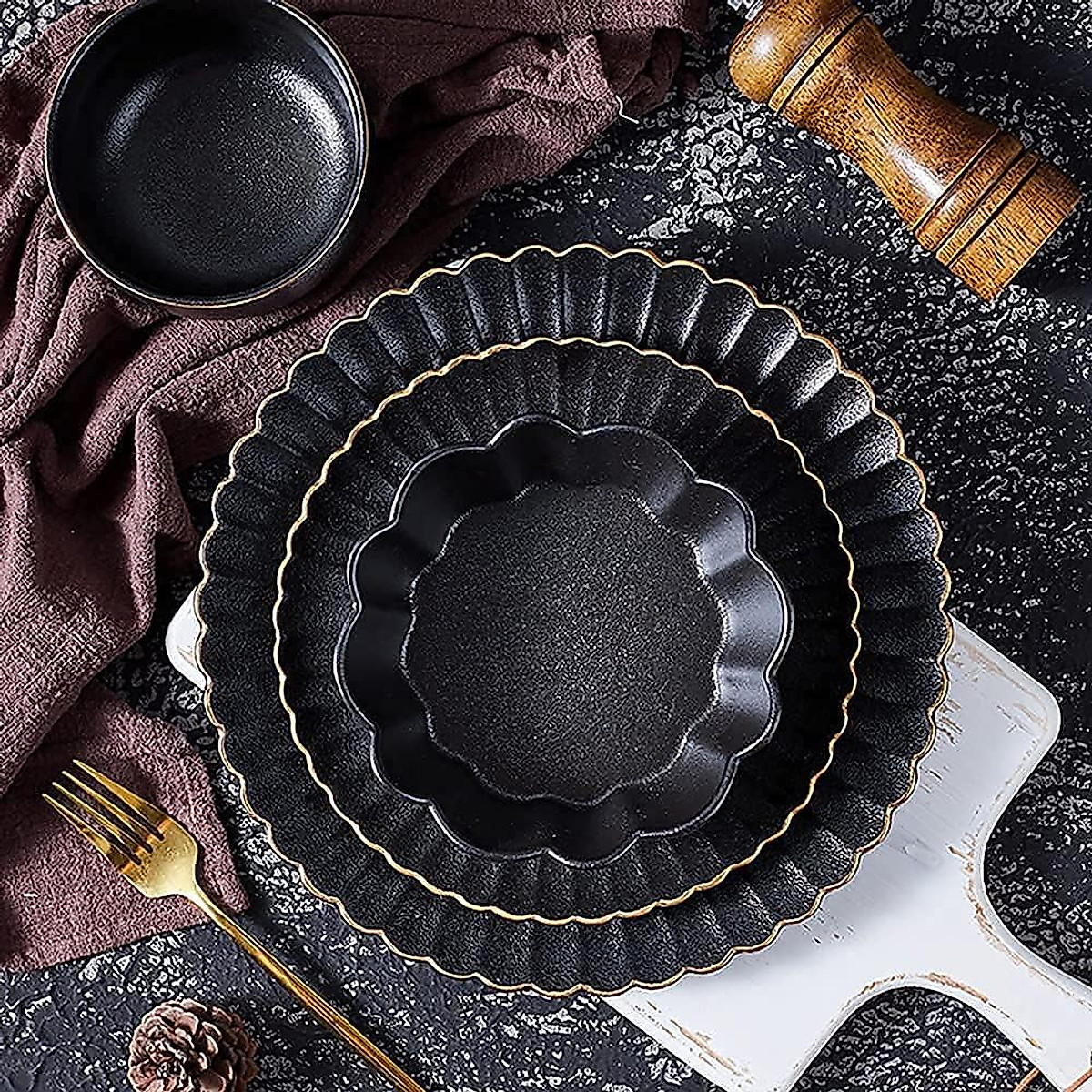 GagalU Dinner SetsKitchen Tableware Set,Ceramic Dinnerware Set, 15 Pcs Matte Black Retro Plates and Bowls Set- Irregular Edge Dinner Sets, Service for 4