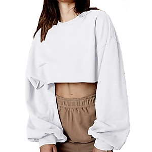 Artfish Women's Crewneck Long Sleeve Workout Casual Cropped Teen Loose Sweatshirts White M