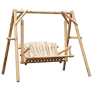 Outsunny 2-Seat Porch Swing with Stand, Wooden Patio Swing Chair Bench, for Garden, Poolside, Backyard, Natural