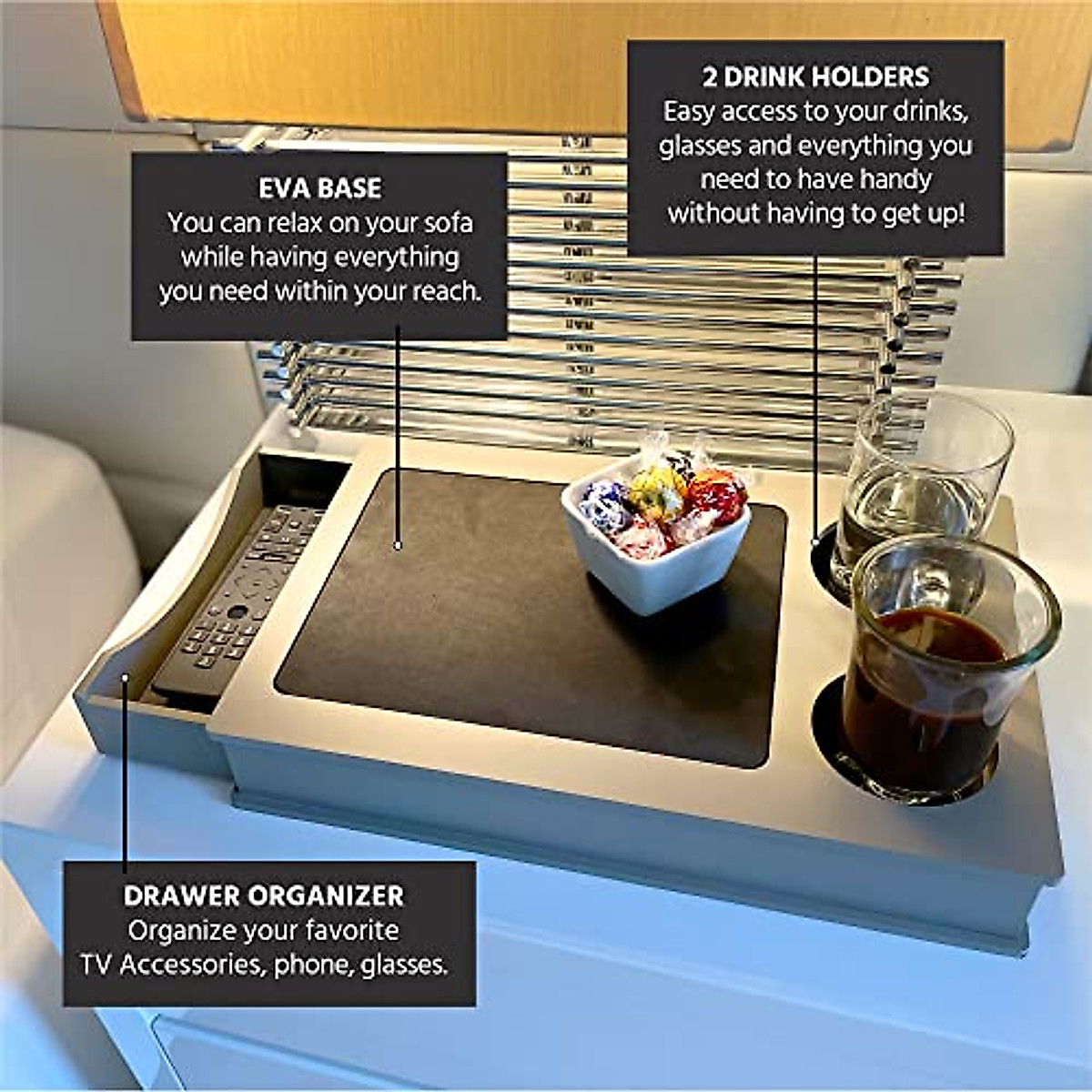 Fendy Arm Rest Table Holder with Drawer, Serving Trays for Coffee Table, Sofa Side Organizer for Gadgets and Remote