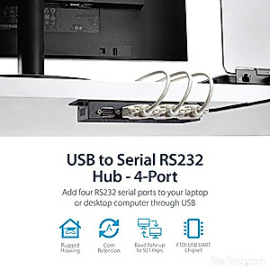StarTech.com 4 Port USB to Serial RS232 Adapter - Wall Mount - Din Rail - COM Port Retention - FTDI USB to DB9 RS232 Hub , TAA (ICUSB2324I)