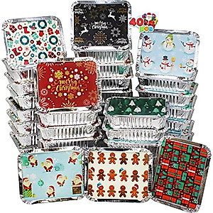 JOYIN 40 Pieces Christmas Foil Containers with Lid, 8 Holiday Designs, 7"x5.5"x2" Christmas Small Gift Bags Santa Sacks, for Holiday Leftovers Goodie Container or Cookie Exchange