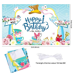 HOWAF Tea Party Birthday Party Banner, Large Fabric Alice Background Banner for Partea Birthday Party Decorations, Tea Kettle, Cupcakes, Butterfly Arts and Crafts for Outdoor Garden