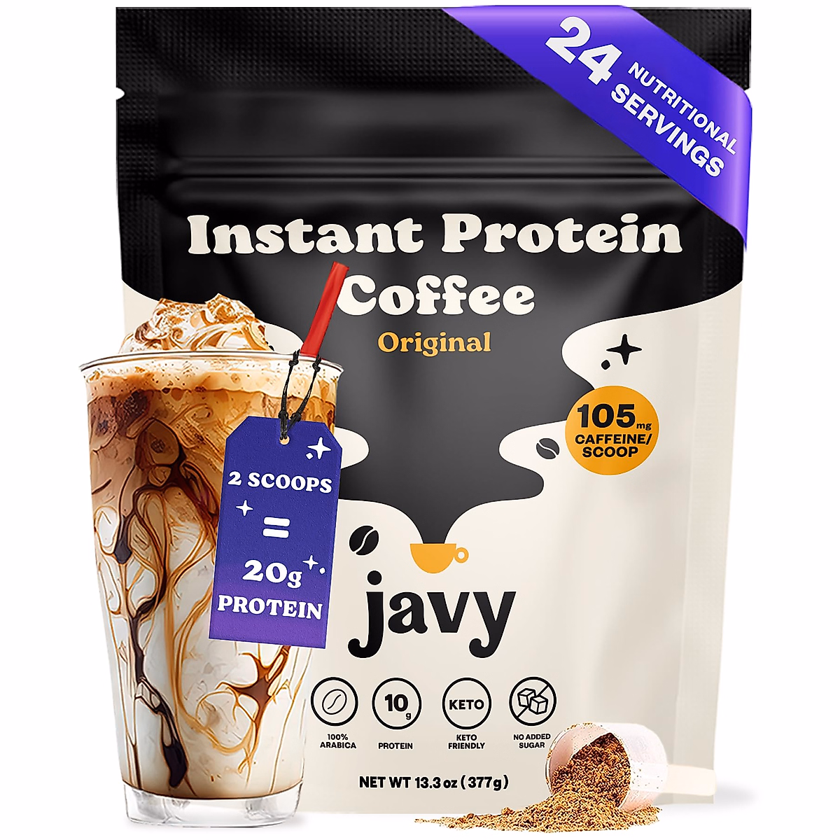 Javy Instant Coffee Protein Coffee - Premium Whey Protein & Instant Coffee - 100% Arabica Coffee - Zero Artificial Flavors & Sweeteners, 24 Servings