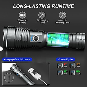 Bailinghai 200000 Lumen Super Bright Rechargeable Flashlight, XHP90.8 LED Chip, 5 Lighting Modes, 5000mAh Battery, IPX6 Waterproof, Digital Display, Durable Use, Easy to Carry, Impact Resistant