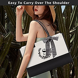 Personalized Initial Canvas Beach Bag,Monogrammed Gift Tote Bag for Women,Suitable for Wedding, Birthday, Beach, Holiday,Black and White Matching.Letter S