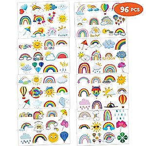 8 Sheets (96PCS) Rainbow Temporary Tattoos Theme Birthday Party Decorations Supplies Party Favors Decor Tattoo Stickers For Kids Girls Boys Gifts Classroom School Prizes Rewards