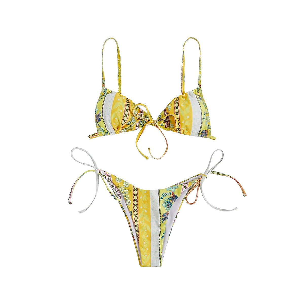 WDIRARA Women's Floral Print Tie Side Swimwear Straps Bikini Sets Swimsuits Yellow Floral M
