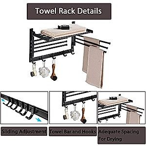 Gtouse Stainless Steel Towel Rack,23 Inch Bathroom Towel Rack with Shelf,Foldable Towel Shelf with Movable Hooks Rustproof Towel Storage Wall Mount for Bathroom Lavatory Matte Black