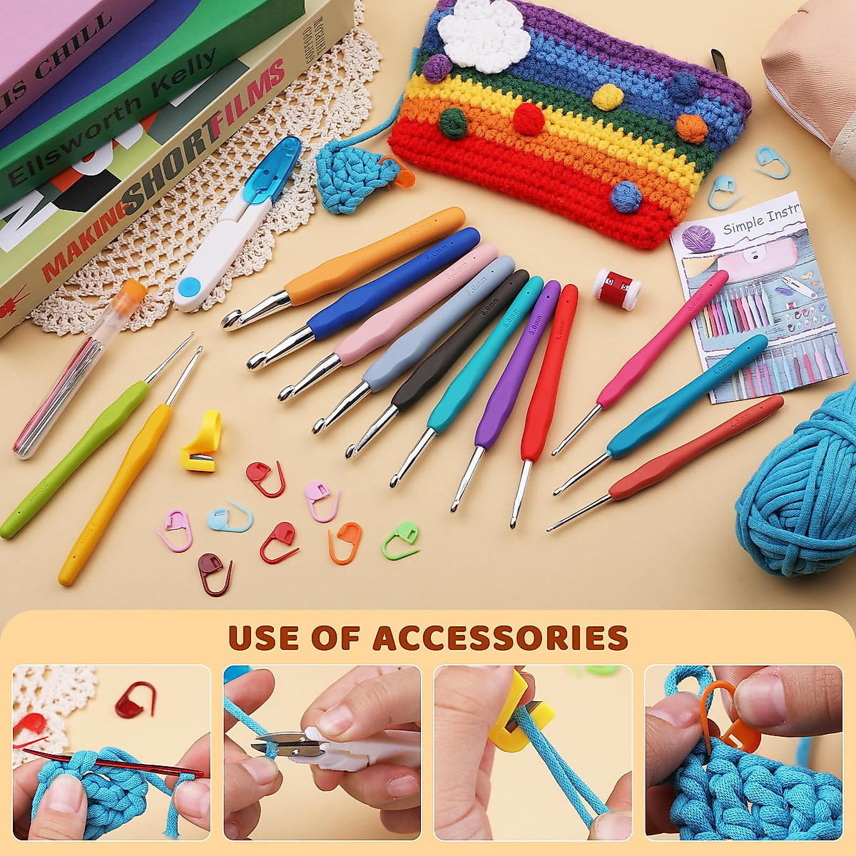 38 Pack Crochet Hooks Set, 13 Pcs 2mm(b)-10mm(n) Ergonomic Soft Grip Crochet Handles, Crochet Needle with Storage Case, Crochet Hooks for Arthritic Hands, Extra Long  Knitting Needles