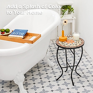 VONLUCE Mosaic Side Table and Plant Stand, 21" Round End Table with 14" Ceramic Tile Top, Indoor & Outdoor Accent Table, Porch Patio Furniture, Entryway & Coffee Table for Home & Garden, Maple