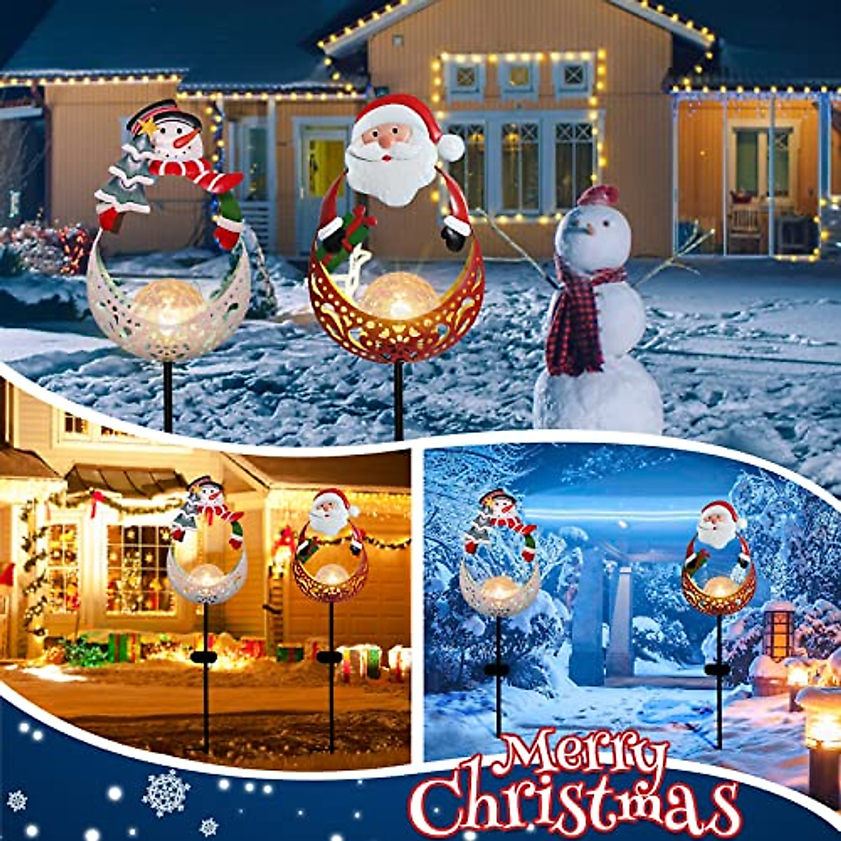 Solar Christmas Garden Stake Lights Santa Claus&Snowman Solar Christmas Decorations with LED Lights Outdoor Xmas Yard Pathway Lights Christmas Landscape Lights for Garden(2 PCS)