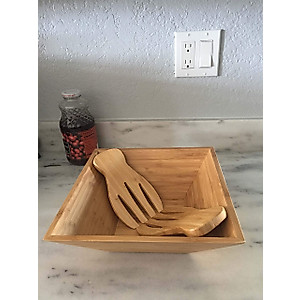 JB Home Collection 4563, Large Bamboo Salad Bowl Set with 2 pieces Salad Hand Server Forks - Great for Serving Fruit, Salad, Pasta, Wood Brown 11"x11"