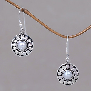 NOVICA Artisan Handmade Pearl Dangle Earrings Sterling Silver White Indonesia Birthstone [1.2 in L x 0.5 in W] ' Sunny Day'
