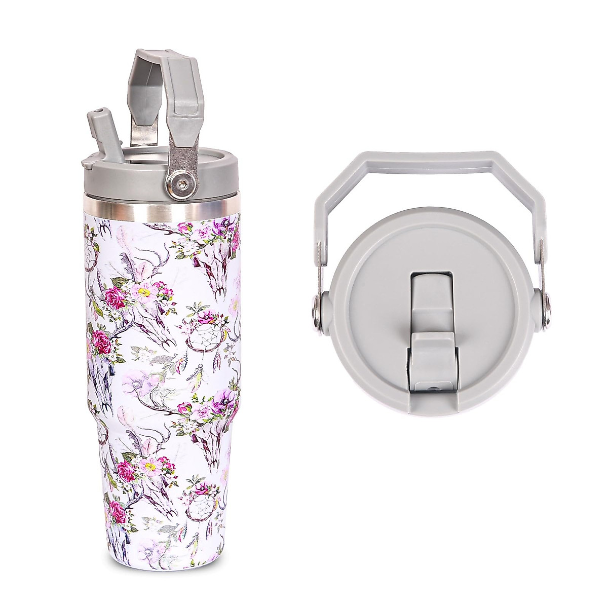 PRAGDUCT Cow Skull Tumbler with Handle and Lid Straw, 30 oz Stainless Steel Travel Mug for Hot and Cold Drinks, Mother's Day gift West Floral Design (White cow skull, 30OZ)