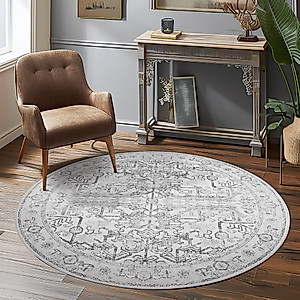 jinchan Round Rug 4ft Washable Area Rug Vintage Floor Mat Kitchen Indoor Circle Rug 4' Round Thin Rug Floral Print Carpet Retro Farmhouse Non Slip Dining Room Entryway Living Room Bedroom Office Grey