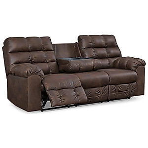 Signature Design by Ashley Derwin Urban Faux Leather Tufted Reclining Sofa with Drop Down Table, Dark Brown