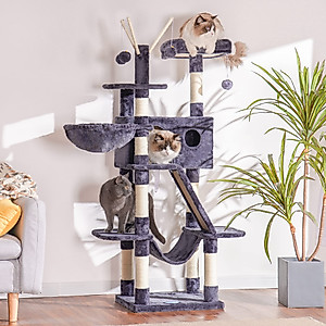 Hey-brother Cat Tree, 61 inch Cat Tower for Indoor Cats, Cat House with Padded Platform Bed, Toy Balls, Large Cozy Condo, Hammocks and Sisal Scratching Posts, Smoky Gray MPJ019G