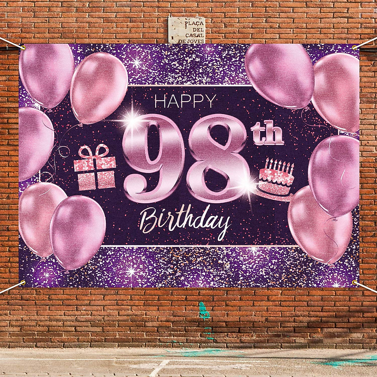 PAKBOOM Happy 98th Birthday Banner Backdrop - 98 Birthday Party Decorations Supplies for Women - Pink Purple Gold 4 x 6ft