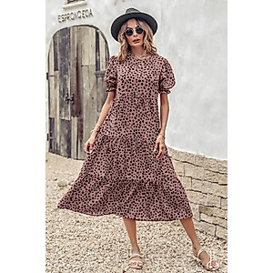 PRETTYGARDEN Women's Summer Casual Boho Dress Floral Print Ruffle Puff Short Sleeve Flowy Midi Beach Party Dresses (Pink,Large)