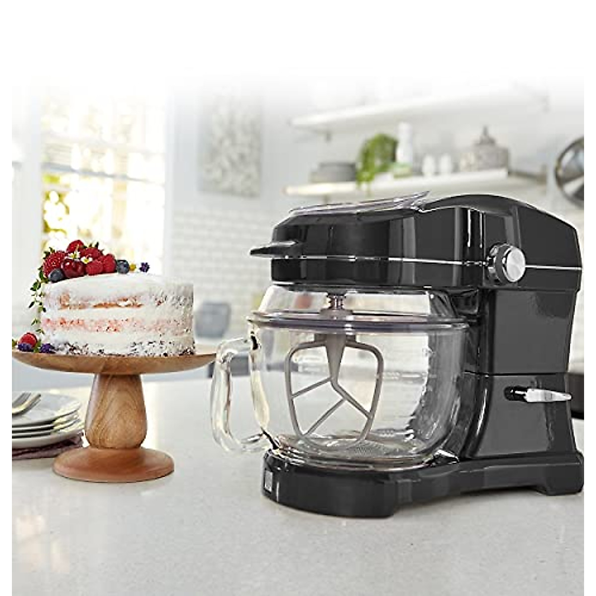 Kenmore Elite Ovation 5 Qt Stand Mixer, 500 Watts, with Revolutionary Pour-In Top, Tilt Head, Flat Beater, Whisk, Dough Hook, 360-degree Splash Guard, Glass Bowl, LED Light, Metallic Grey
