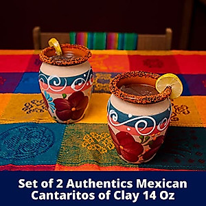 Cantaritos de Barro Jarritos Mexicanos - Set of 2 Authentic Mexican Glazed Clay Mugs 14 Oz For Drink Margaritas & Tequila Special For Taco Tuesda & Mexican Parties (Navy Blue Rim Flowers Desing)