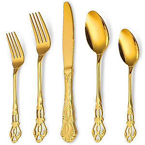 Retro Royal 20 Pieces Stainless Steel Silverware Set,Anti-rust Flatware Cutlery Set for 4,Luxury Kitchen Utensil Tableware Set Include Fork Spoon Knife,Mirror Polished Dishwasher Safe,Gold