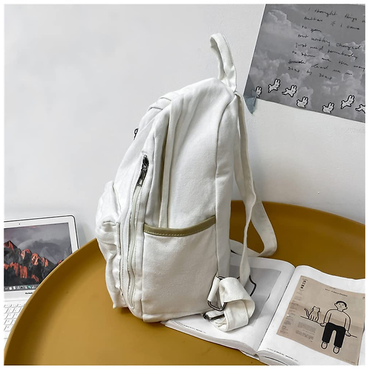 CHERSE Aesthetic Kawaii Backpack to school large capacity Lovely Aesthetic Student canvas Bookbags with accessories (White)