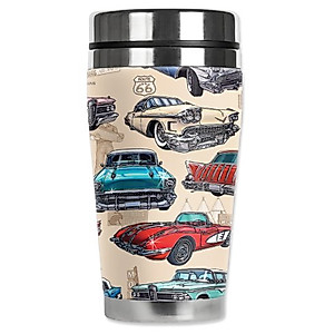 Mugzie 50's Hot Rods Travel Mug with Insulated Wetsuit Cover, 16 oz, Black
