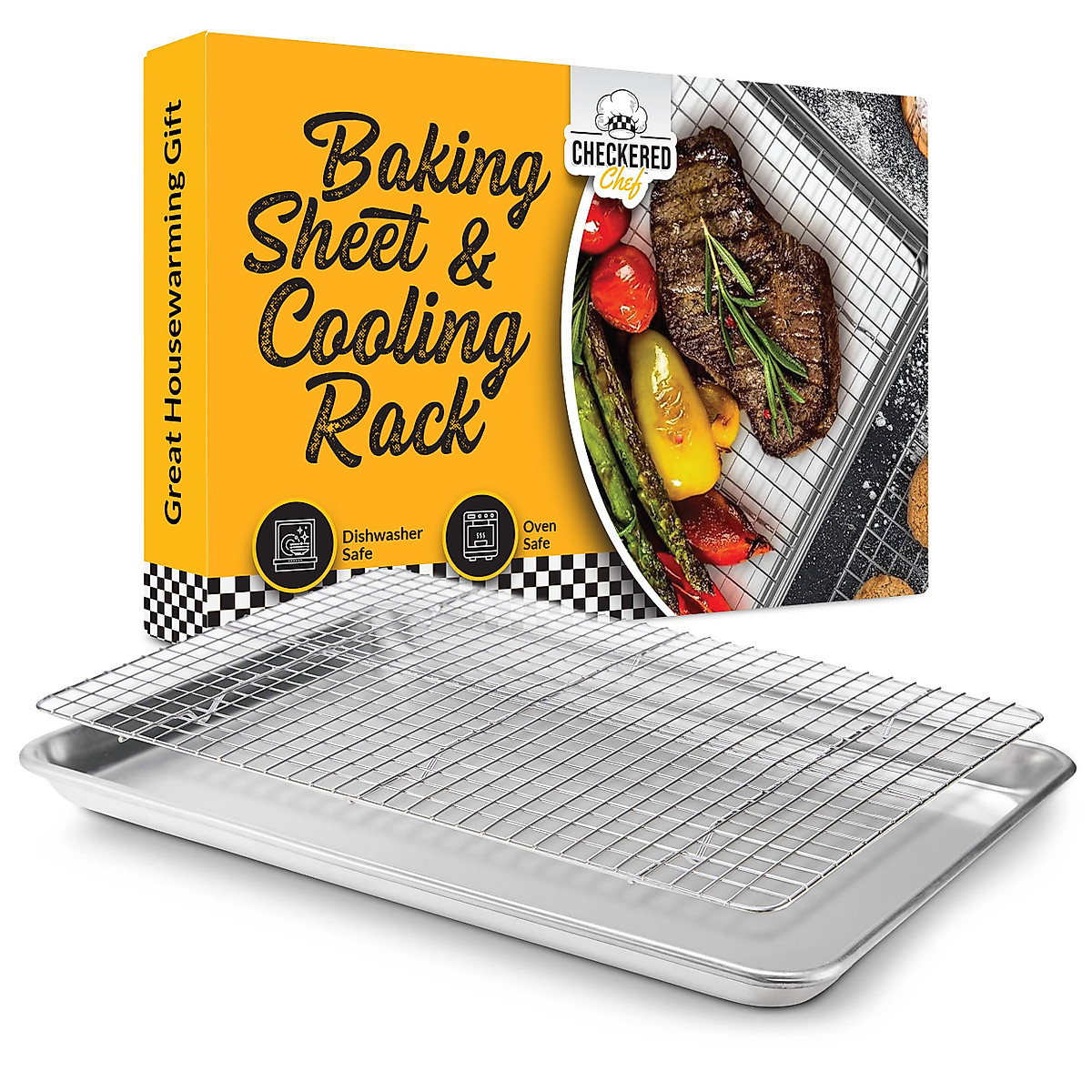 Checkered Chef Baking Sheet with Wire Rack Set 13" x 18" - Single Set w/ Half Sheet Pan & Stainless Steel Oven Rack for Cooking
