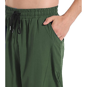 AITFINEISM Mens Cotton Linen Pants Elastic Drawstring Waist Lightweight Summer Beach Pants (32-34, Dark Green)