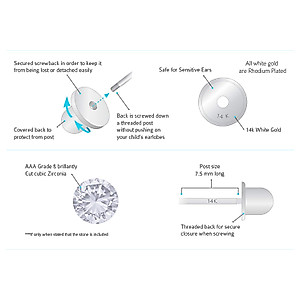 14k White Gold 4mm Basket Pink Round Cubic Zirconia Children Screw Back Baby Girls Earrings