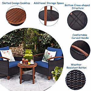 Tangkula 3 Pieces Patio Furniture Set, Outdoor Rattan Sofa and Side Table w/Solid Acacia Wood Frame, High Load Bearing Conversation Bistro Set w/Washable and Removable Cushions (Navy Blue)