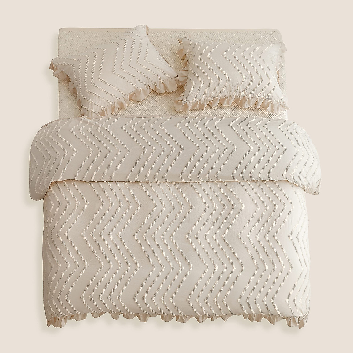 BAHALDEN Boho Duvet Cover Queen Size, Breathable Soft Tufted Duvet Cover Zipper Closure, Ruffle Farmhouse Bedding Embroidery Wavy Stripe, Cream Beige 90x90 inches and 2 Pillowcases