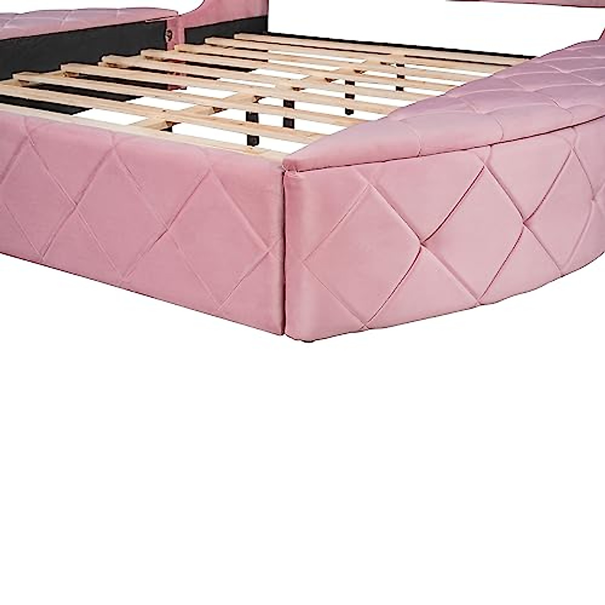 GERDIOEB Queen Upholstered Platform Bed with Wingback Headboard and 1 Large Drawer, Velvet Platform Mattress Foundation, 2 Side Storage Benches Queen Size Bed (Pink)