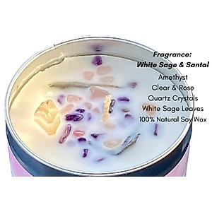 White Sage Smudge Candle with Rose Quartz and Amethyst Gemstone Crystals 100% Natural Soy Essential Oils (Lavender)