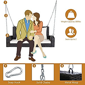 Happygrill Porch Swing Bench Outdoor 2-Person Patio Rattan Swing Chair with Soft Cushions, 7.9ft Reinforced Steel Chain, Solid Steel Frame, Perfect for Backyard, Poolside, Front Porch White