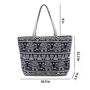 TOPASION Elephant Tote Bag with Zipper Inner Pocket, Reusable Grocery Shoulder Bag, Beach Bag Shopping Bag for Women (Blue Elephant)