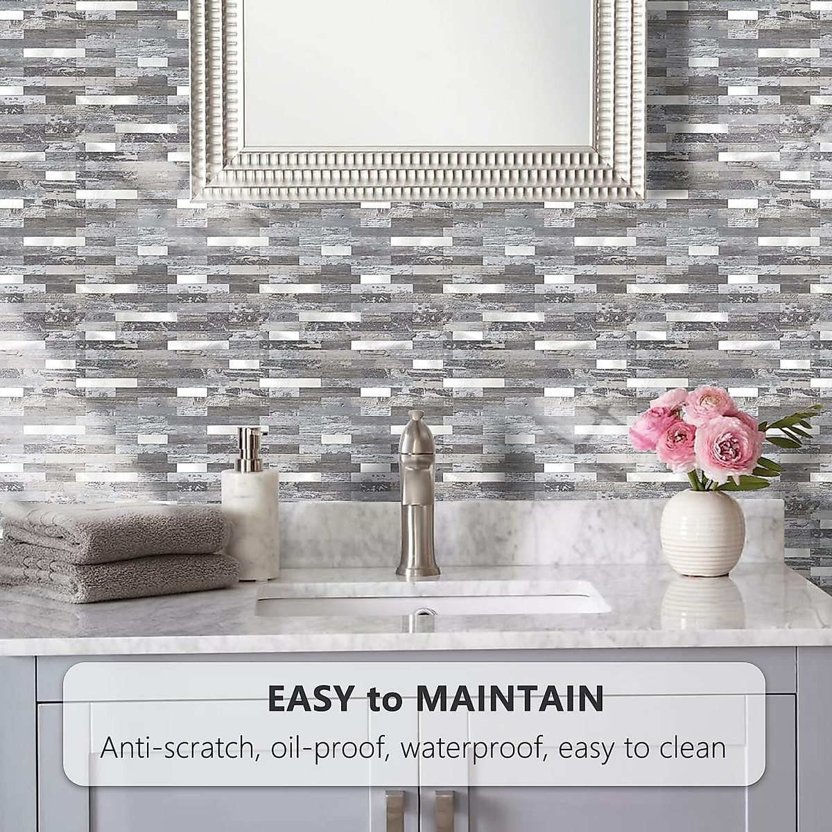 STICKGOO Peel and Stick Backsplash, PVC Wall Tiles Stick on Backsplash for Kitchen(10 Sheets, Distressed Wood with Metal Silver)