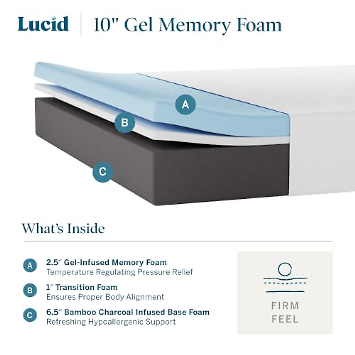 LUCID 10 Inch Memory Foam Mattress - Firm Feel - Infused with Bamboo Charcoal and Gel - Bed in a Box - Temperature Regulating - Pressure Relief - Breathable - King Size