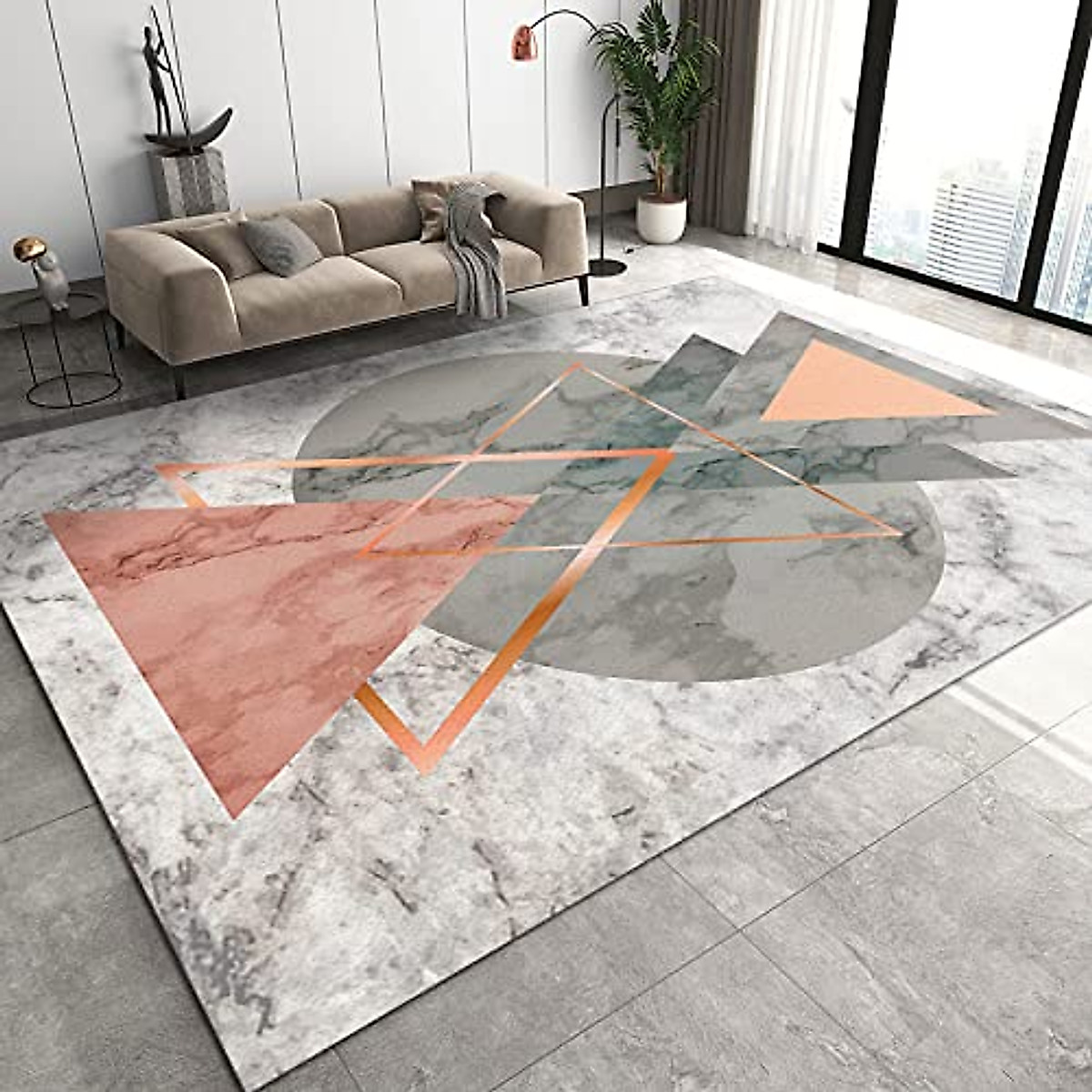 Grey Pink Marble Texture Area Carpet, Irregular Geometry Triangle Circular Soft Rug, Super Fluffy Machine Washable Non-Slip for Living Room Bedroom Study Dining Room Kitchen3x5ft